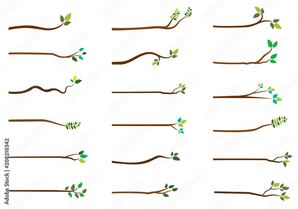 Simple vector tree branches with green leaves on white background for ...