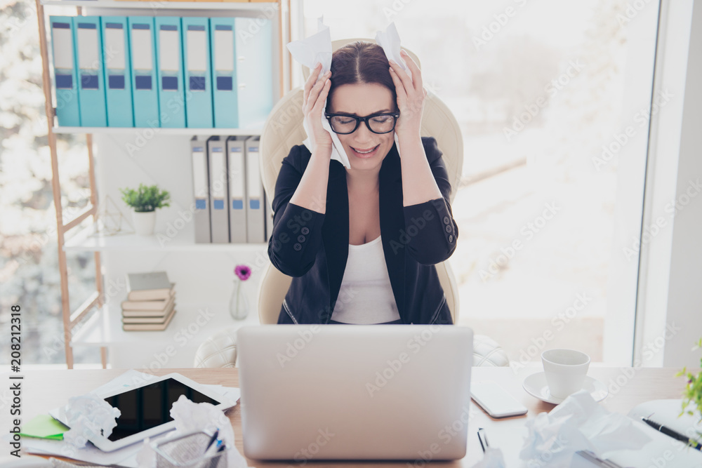 Portrait of sad disappointed journalist nervous attorney unhappy ...