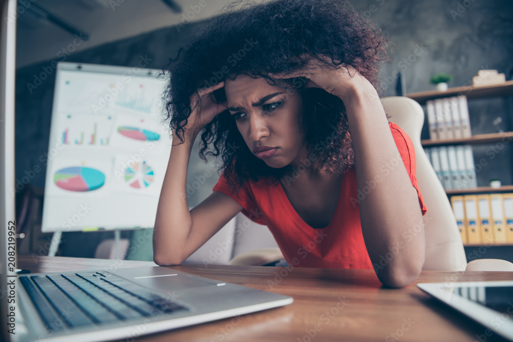 Portrait of sad unhappy woman in casual outfit with upset expression ...