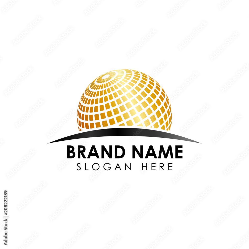 golden Stylized 3D spherical surface with swoosh shape. digital globe ...