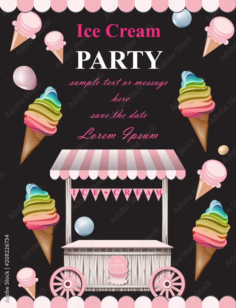 Ice cream party invitation card Vector. Summer ice cream booth ...