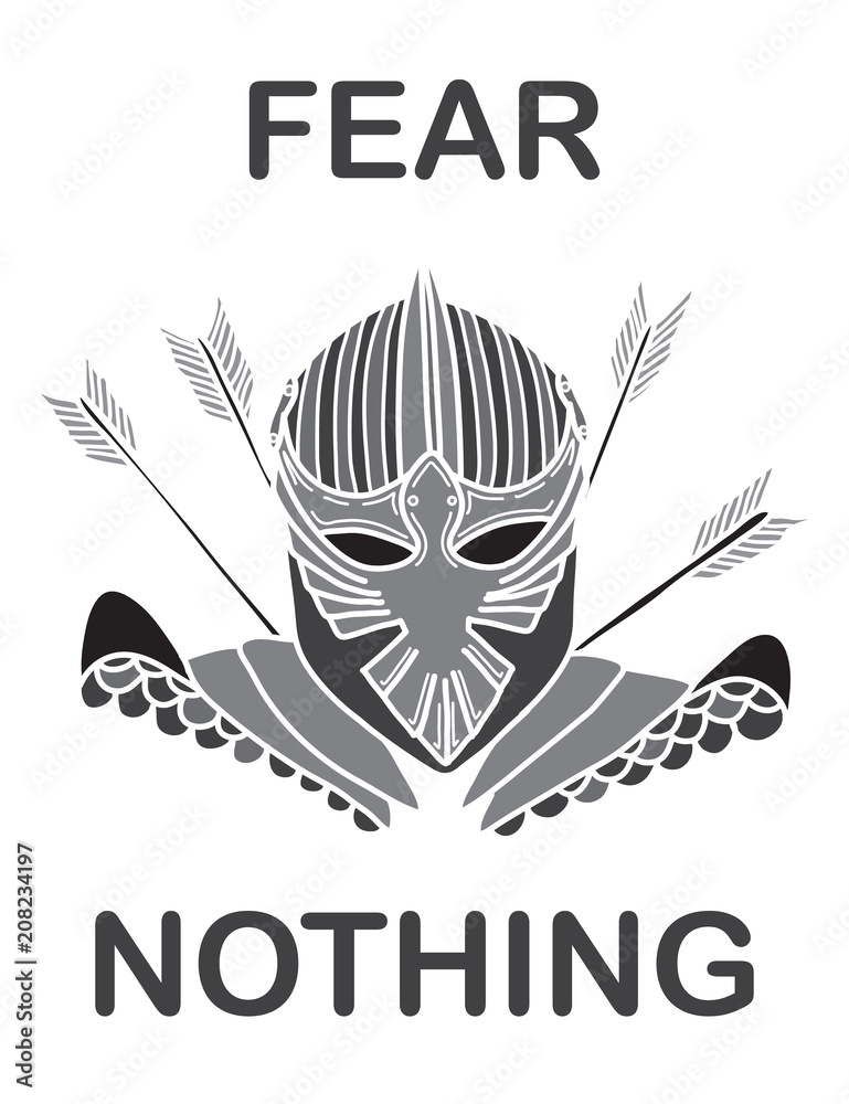 Hand drawn Medieval knight head in helmet and armor pierced with arrows ...