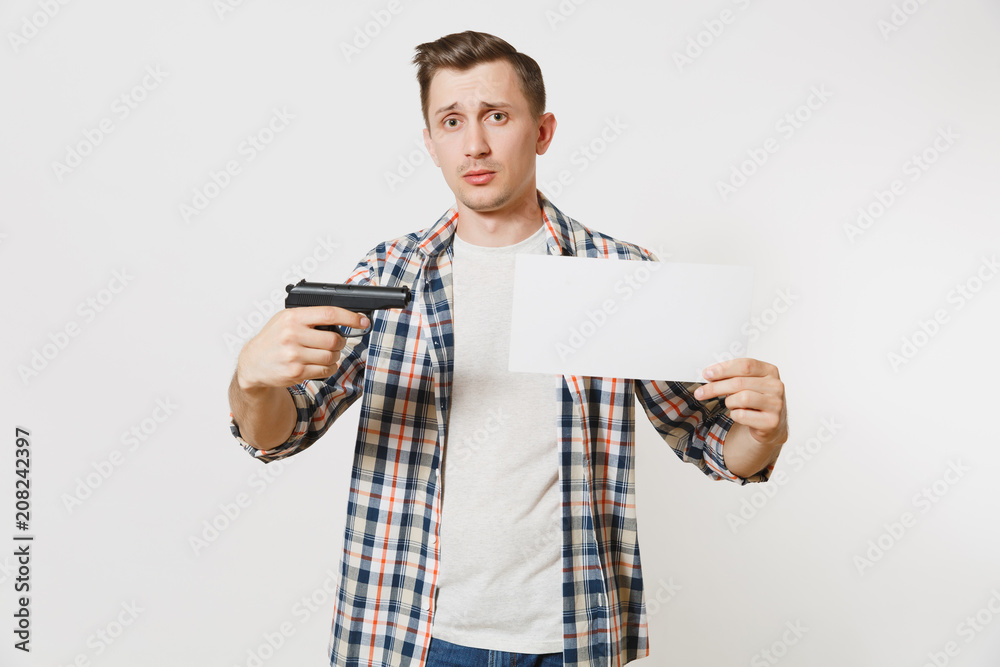 Man holding gun, blank empty sheet card, copy space isolated on white ...