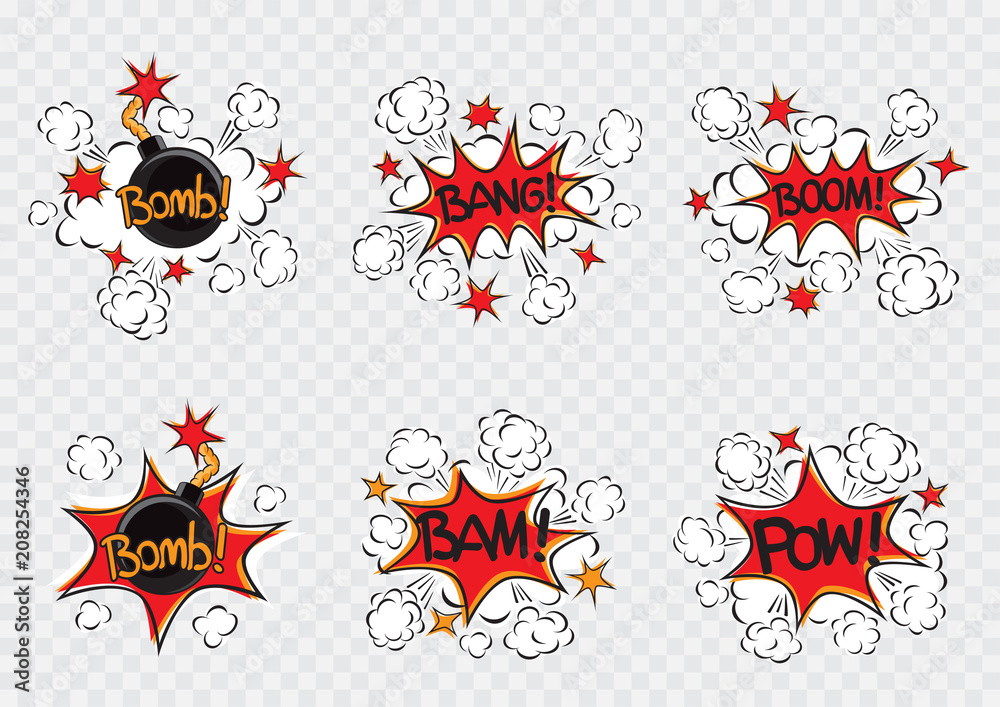 Explode cartoon illustration set. Bomb with fire cord wick. Explosion ...