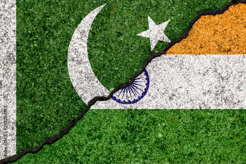 Flags of India and Pakistan painted on cracked wall background/India ...