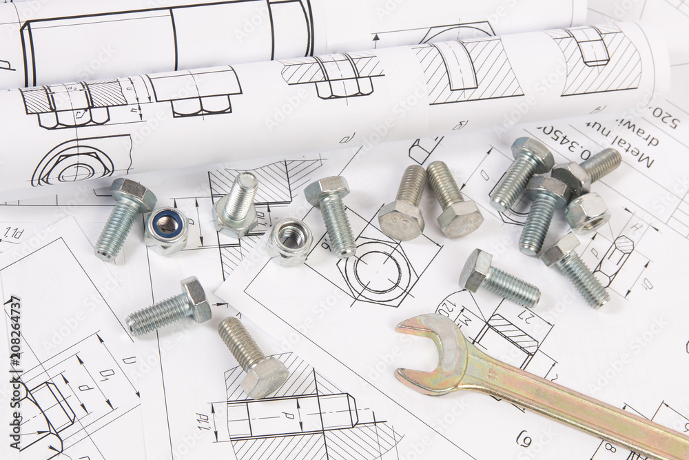 Technical drawings of bolts and nuts. Engineering, technology and ...