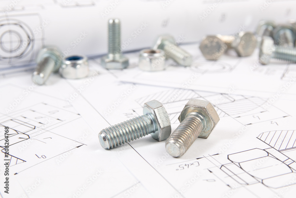 Technical drawings of bolts and nuts. Engineering, technology and ...