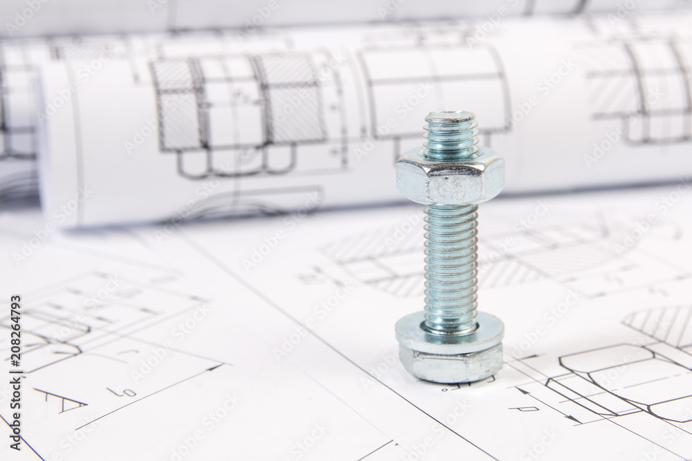 Technical drawings of bolts and nuts. Engineering, technology and ...