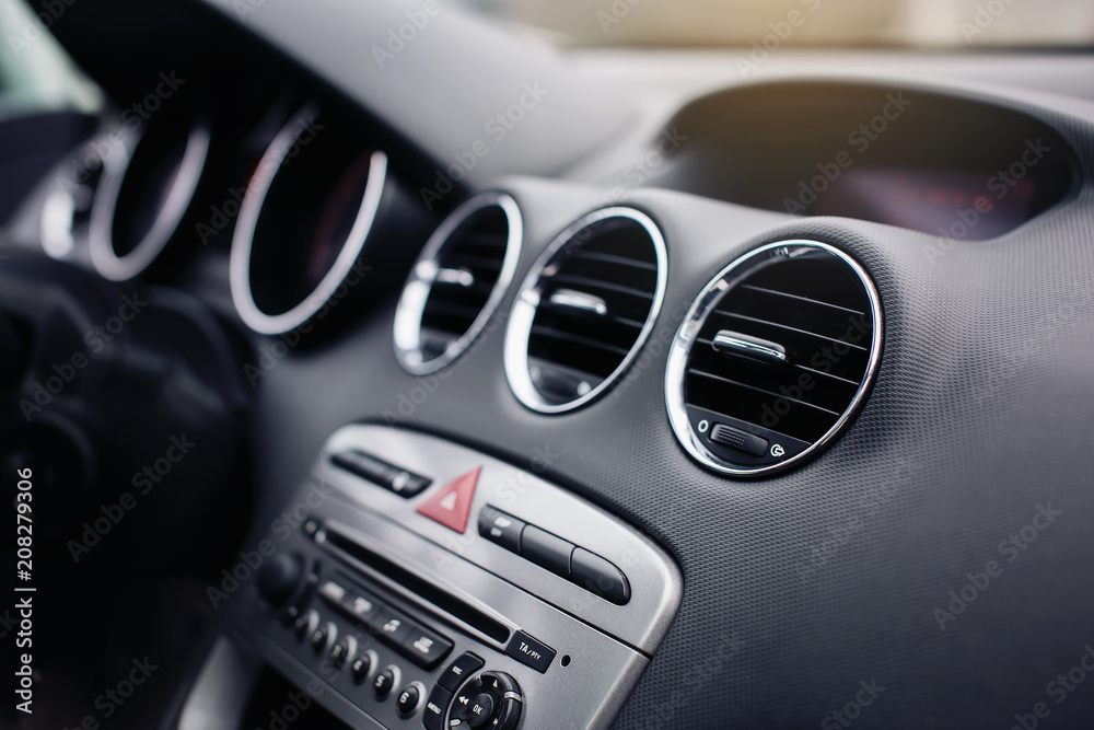Car air conditioning. The air flow inside the car. Detail audio system ...