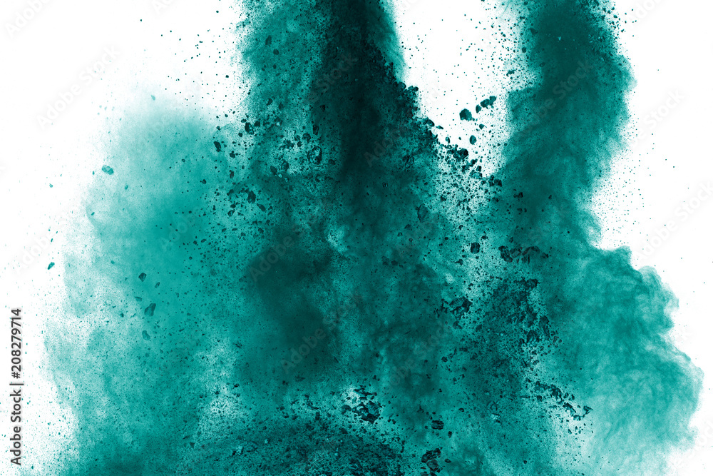 green color powder explosion cloud isolated on white background.Green ...