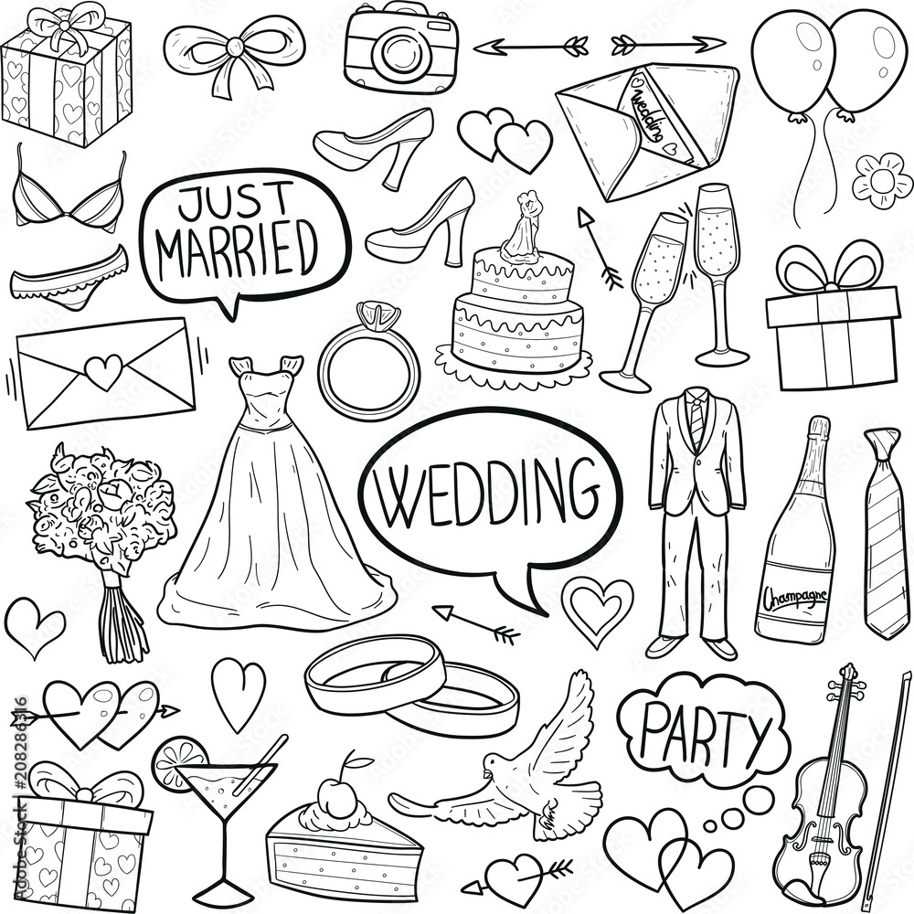 Just Married Wedding Doodle Icon Hand Draw Line Art vector de Stock ...