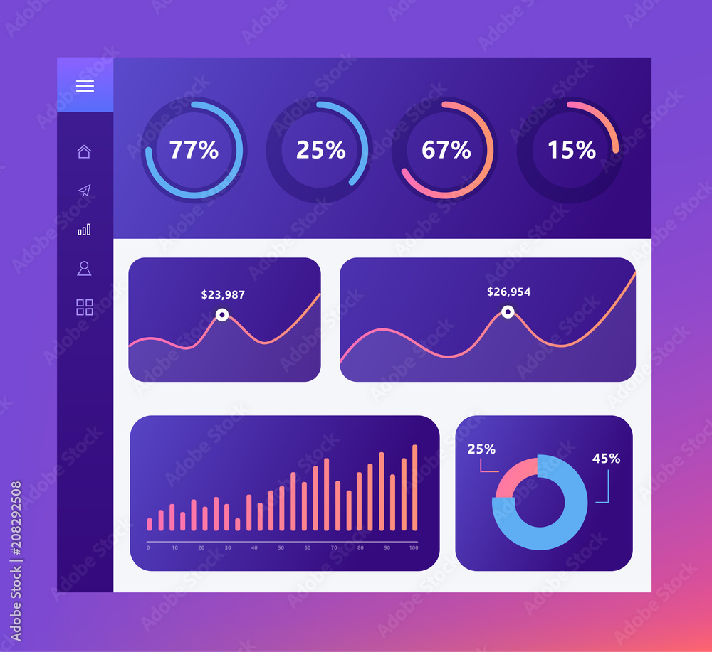 Infographic dashboard template with flat design graphs and charts in ...