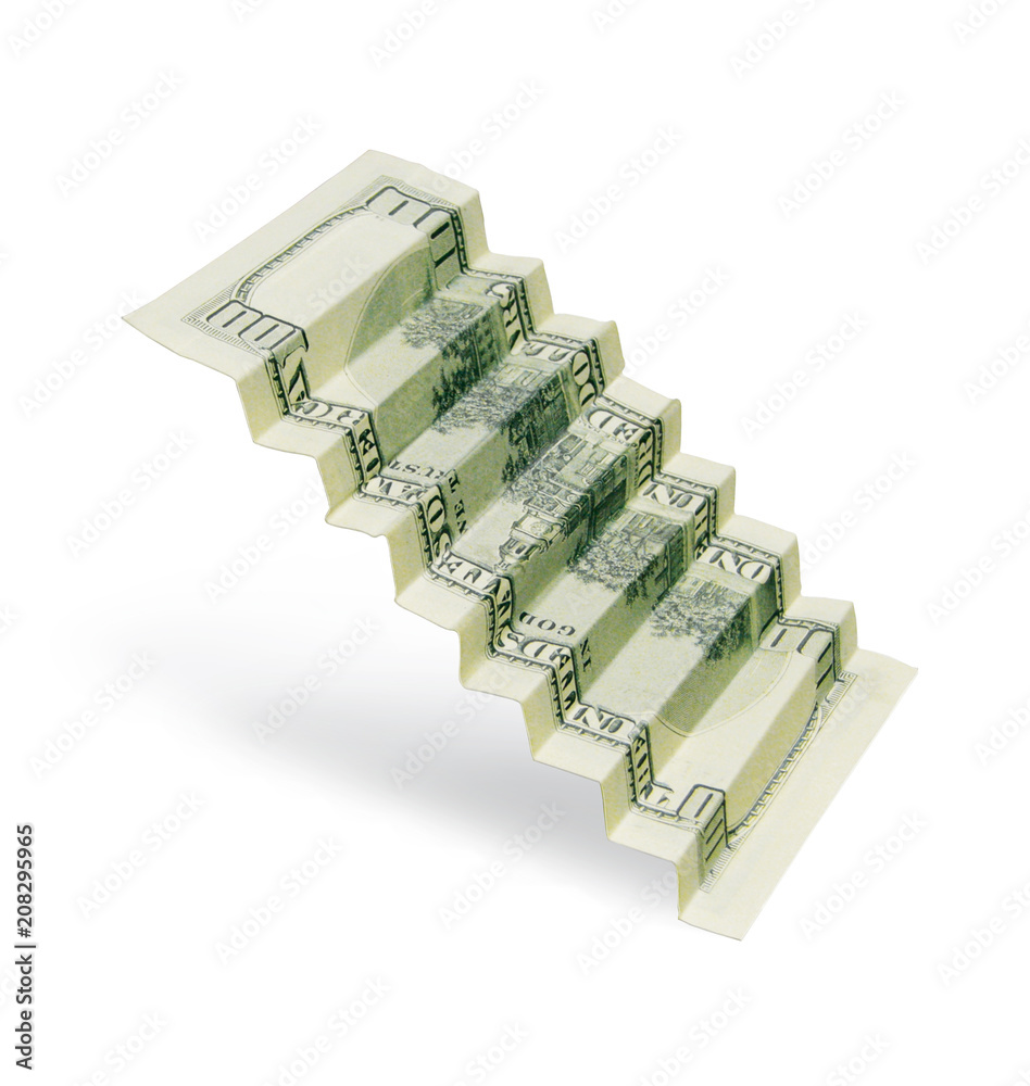 The denomination of 100 US dollars is folded in the form of a ladder ...