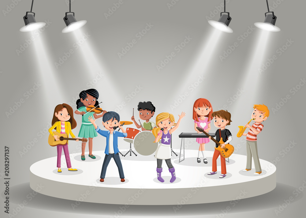 Band with cartoon children playing music on stage Stock Vector | Adobe ...