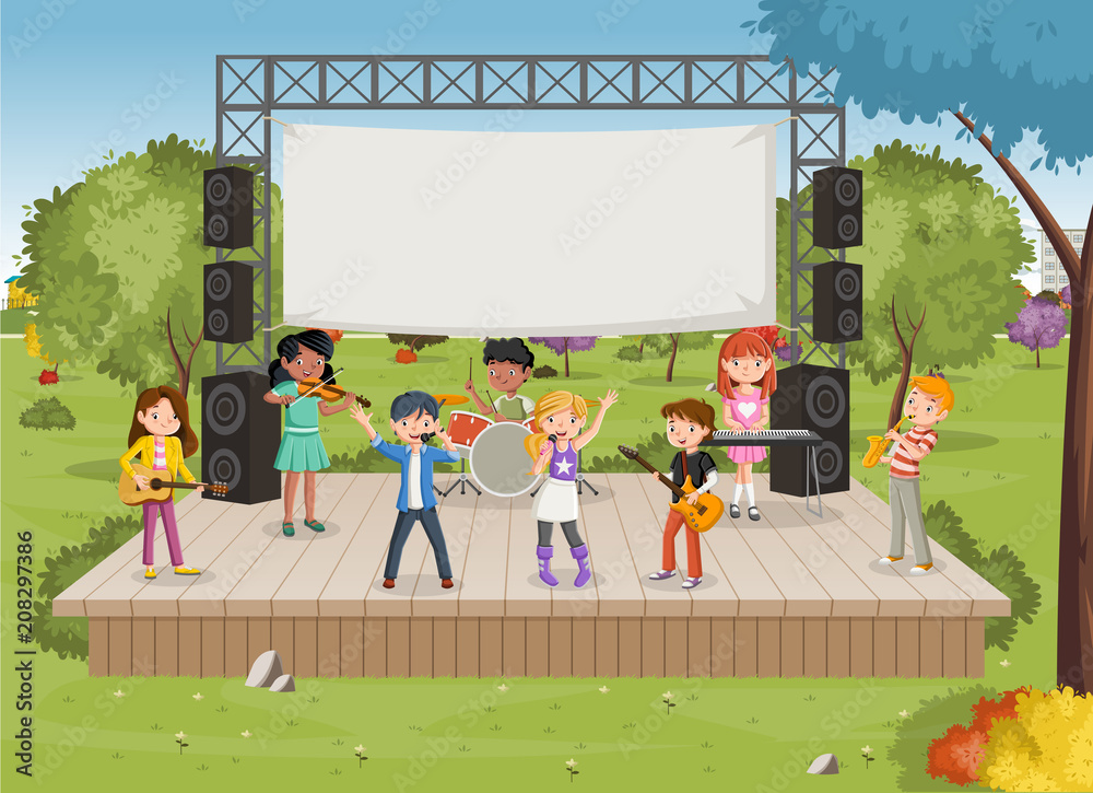 Band with cartoon children playing music on stage in the park Stock ...