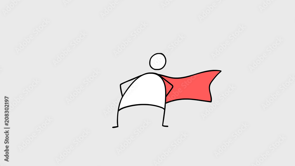 Powerful stick figure superman standing proud with flying cape Stock ...