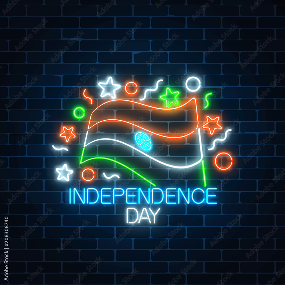 India independence day glowing neon sign with waving indian flag ...