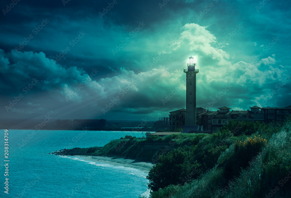 Lighthousein the night Stock Photo | Adobe Stock