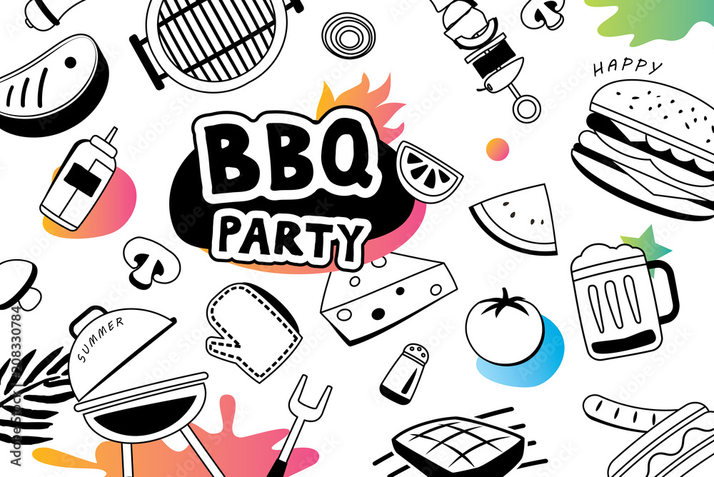 Summer BBQ doodles symbol and objects icon for party background ...