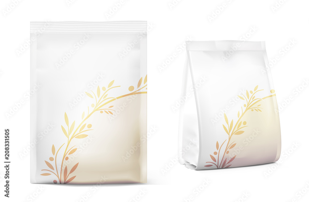 Realistic template of food bags isolated on white background. Front and ...