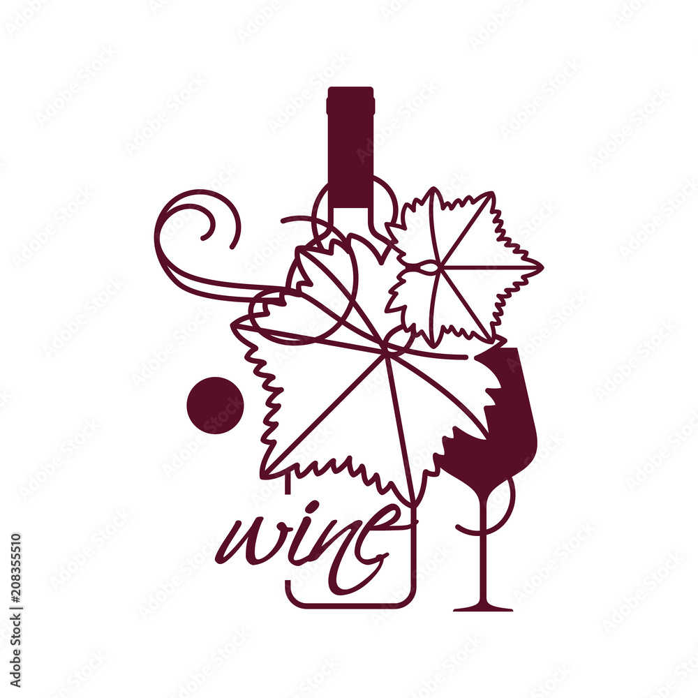Linear icon with a wine bottle,a glass and grape leaves. Symbol of ...