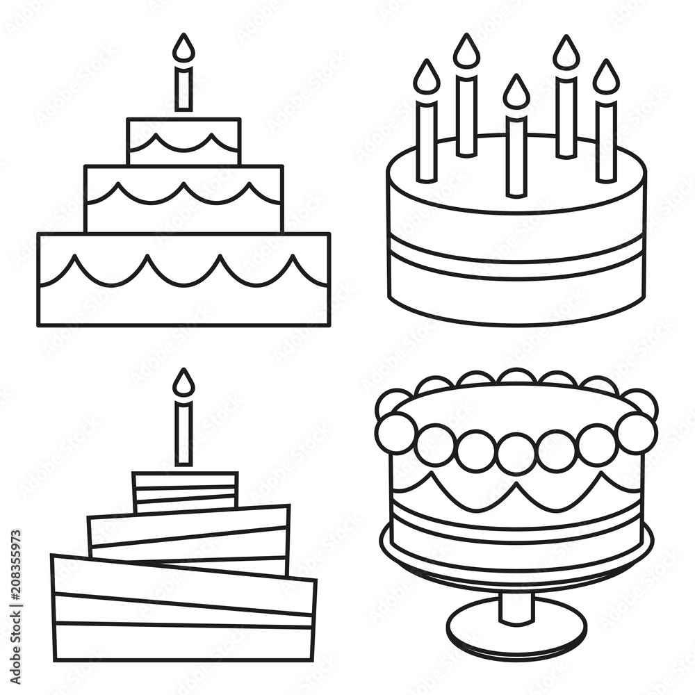 Line art black and white birthday cake set Stock Vector | Adobe Stock