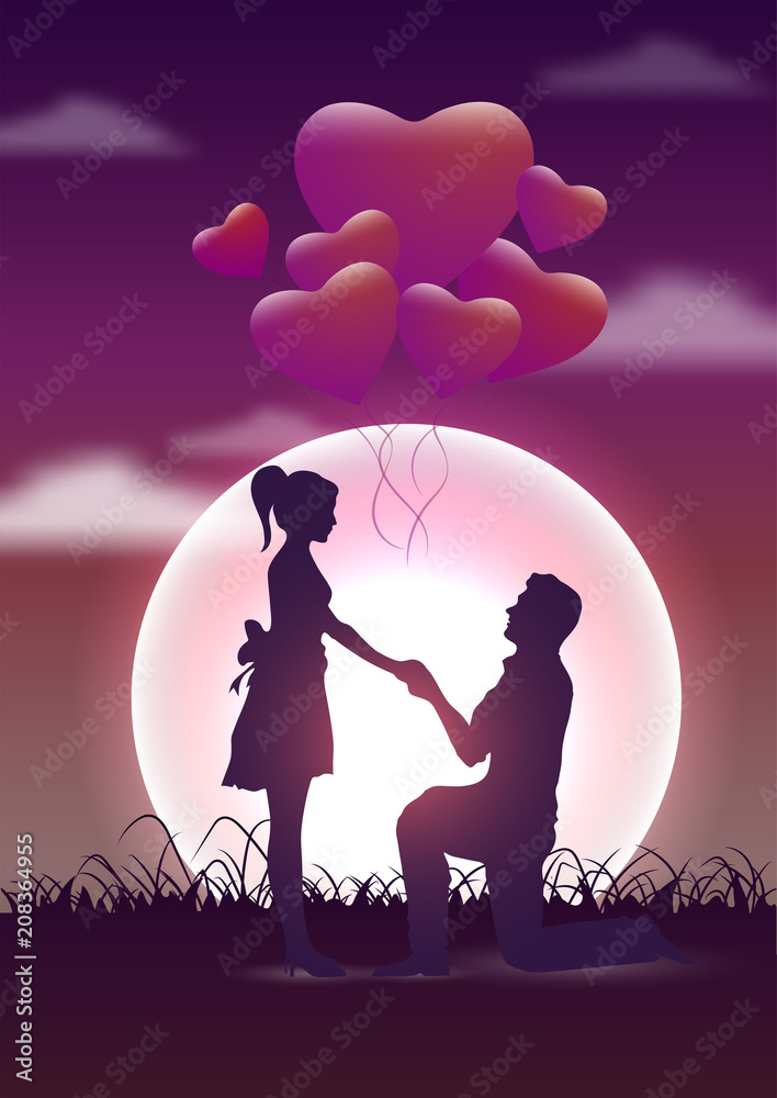 Young boy proposing to girl and heart shaped balloons in full moon ...