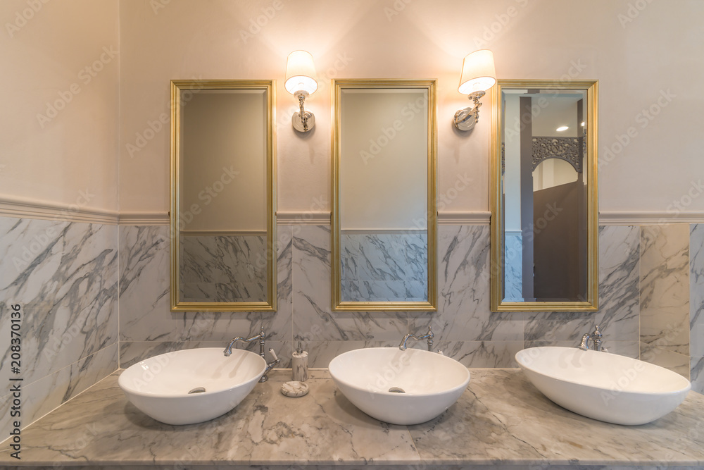 Modern wash basin sink counter with dispenser and mirror bathroom ...
