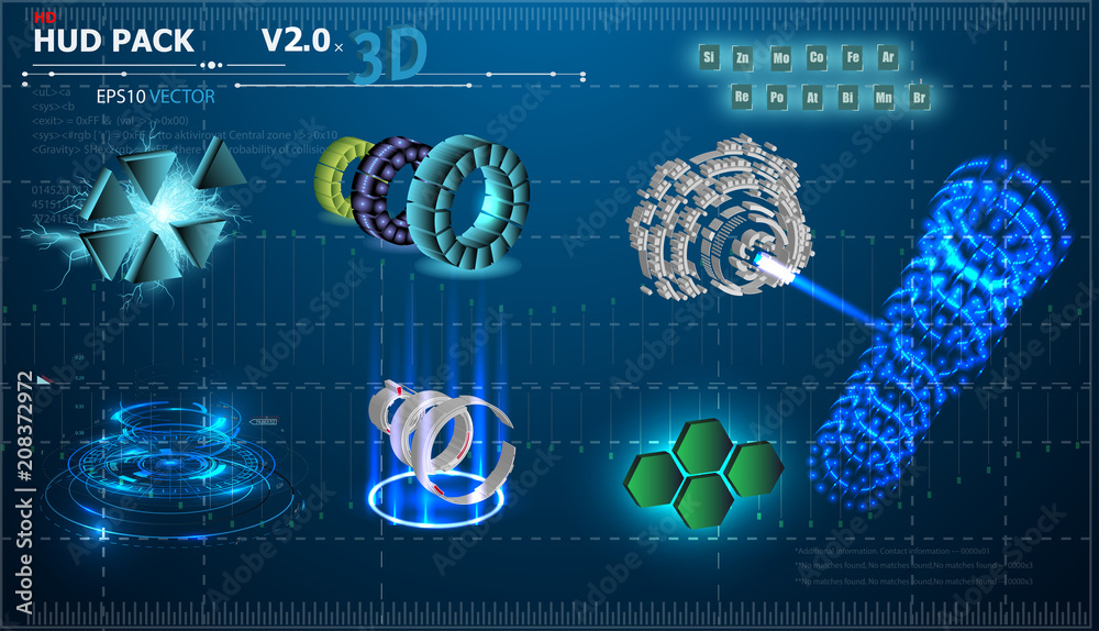 Fantastic abstract background with different set 3d elements of the HUD ...