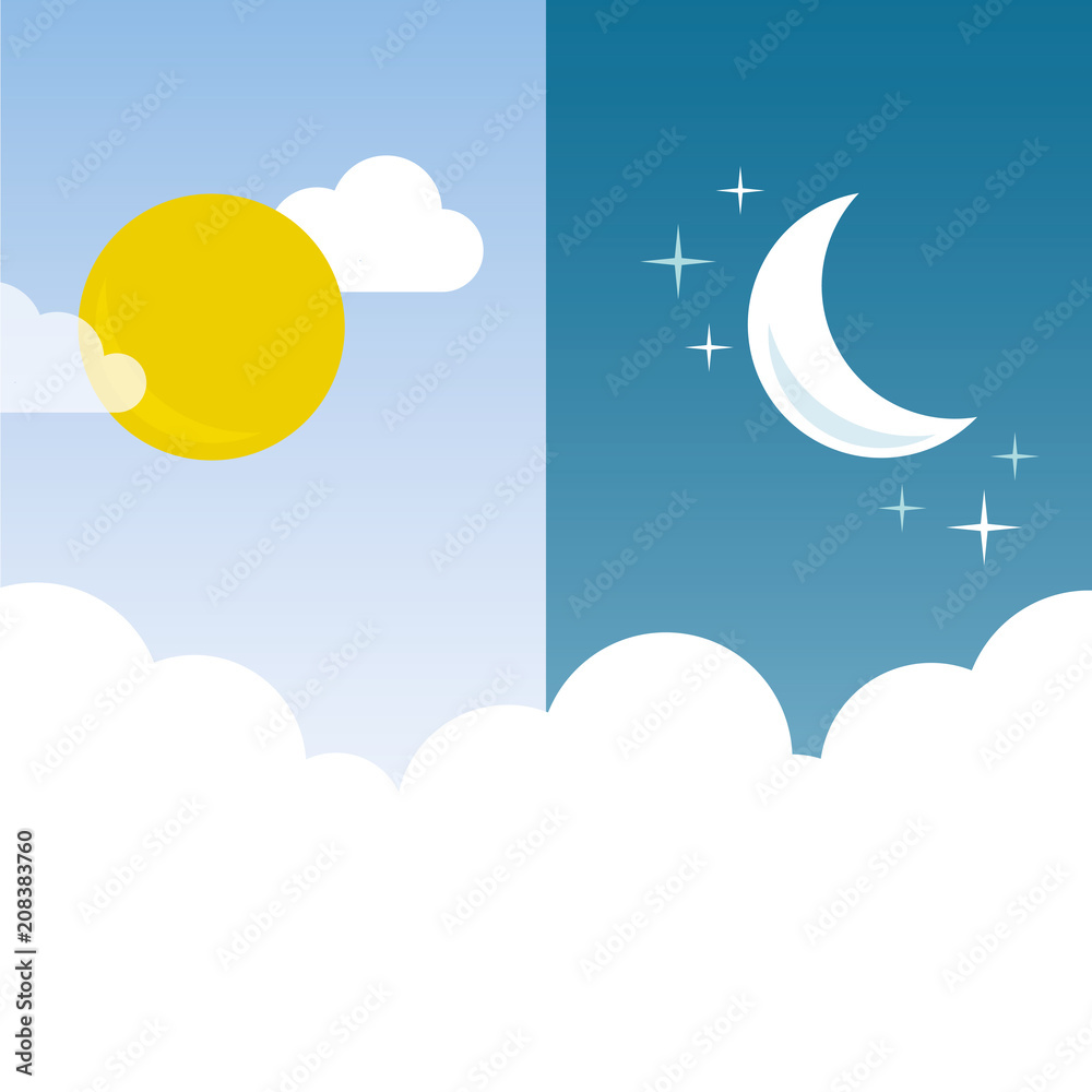 Day and Night layout. Sun, moon, stars and clouds banner. Weather ...