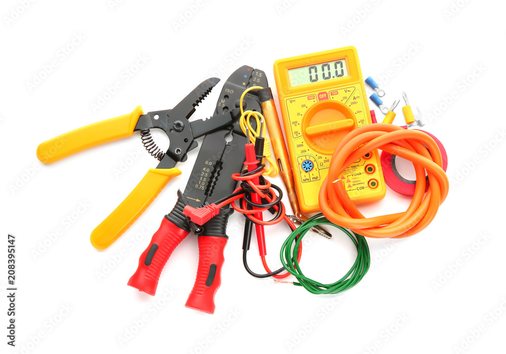 Different electrical tools on white background, top view Stock Photo ...