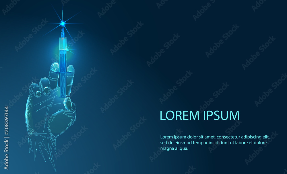 Syringe, medical injection in hand, palm or fingers. Low poly vector ...