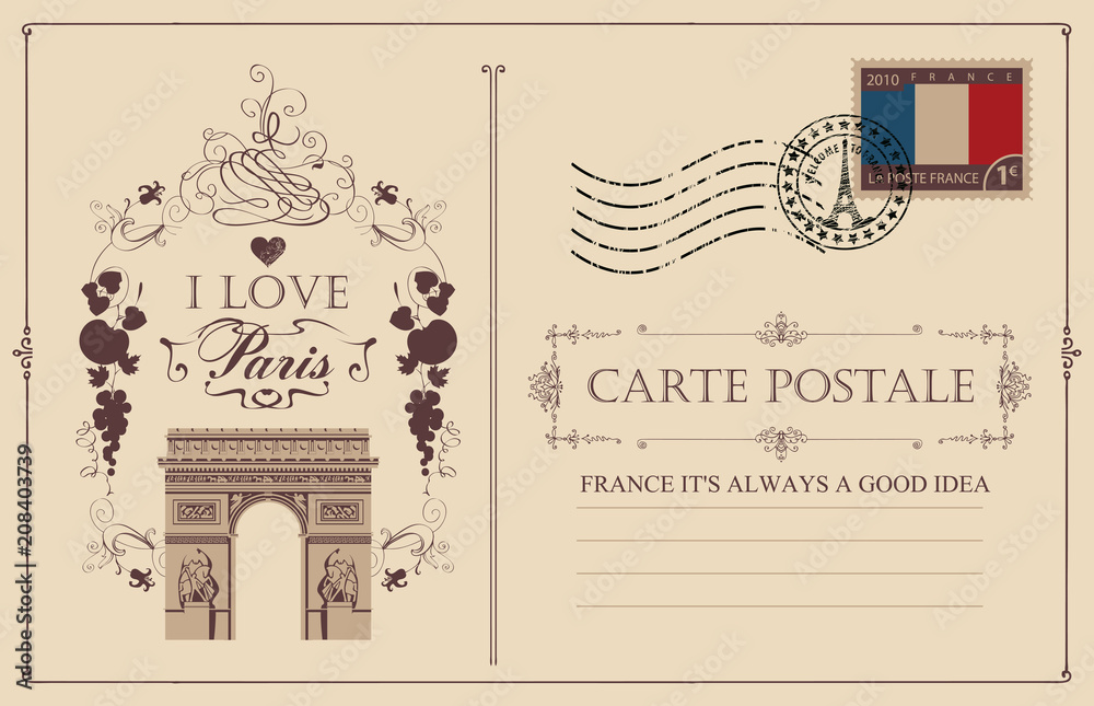 Retro postcard with famous Triumphal arch in Paris, France. Vector ...