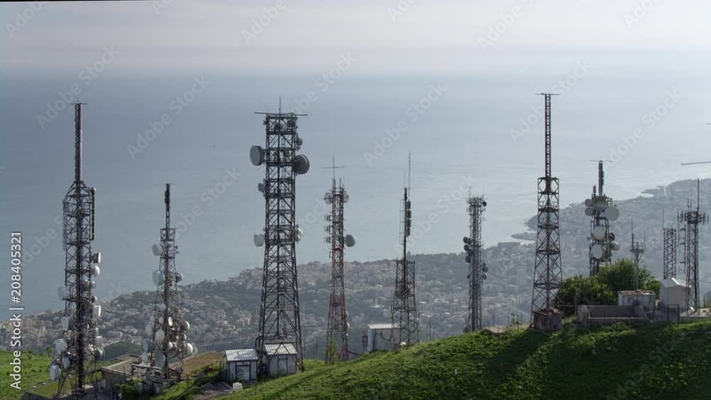 aerial view of telecom antennas telecommunications towers with ...