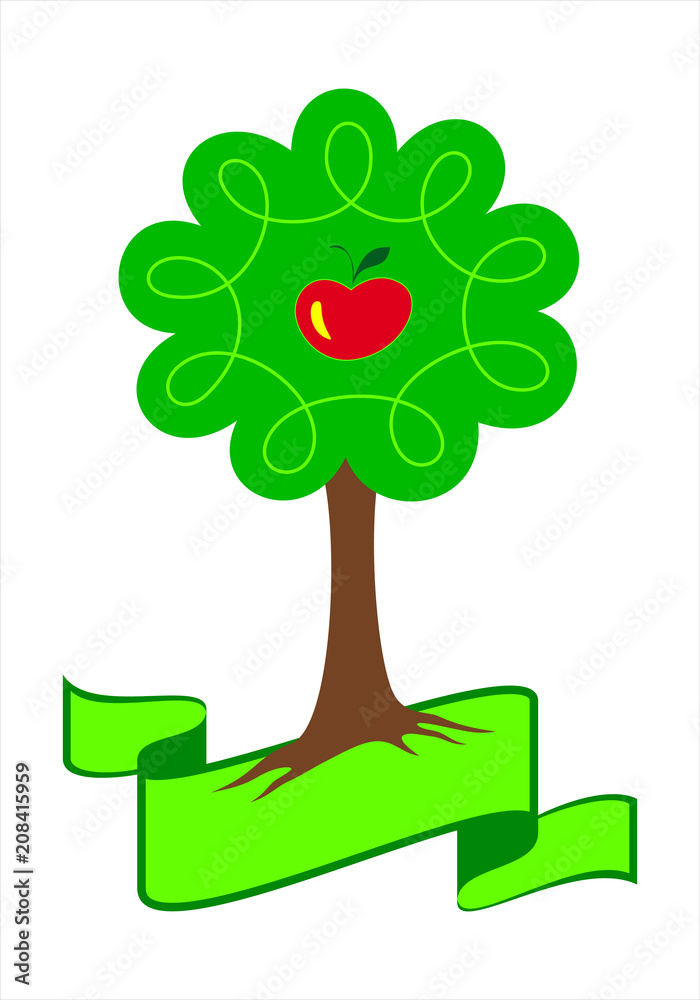 Stylized apple tree logo. Young apple tree with green leafs, roots and ...