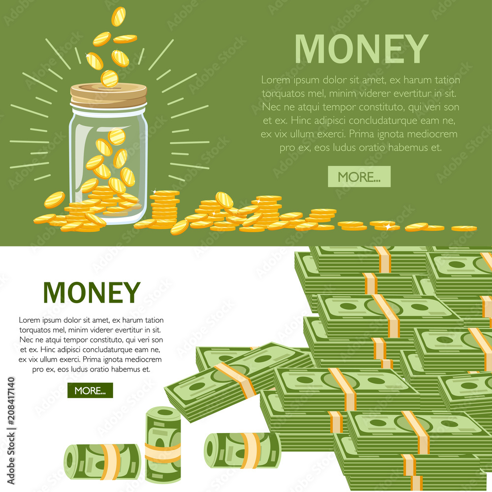Flat money bills. Golden coins in jar. Green dollar banknotes. Vector ...