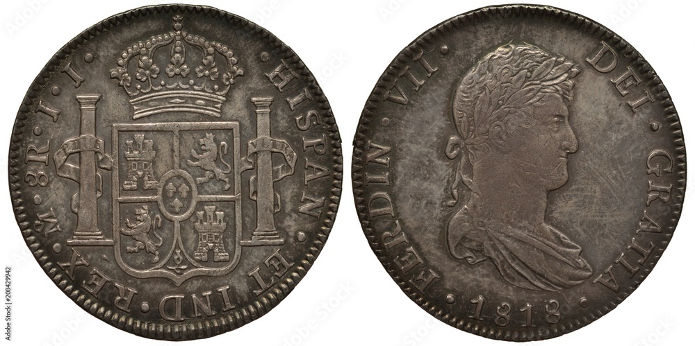 Spanish Mexico silver coin 8 eight reales 1818, crowned shield with ...