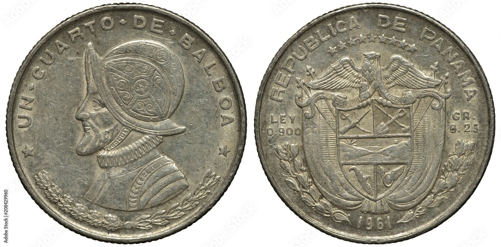 Panama silver coin 1/4 quarter balboa 1961, bust of Balboa in cuirass ...