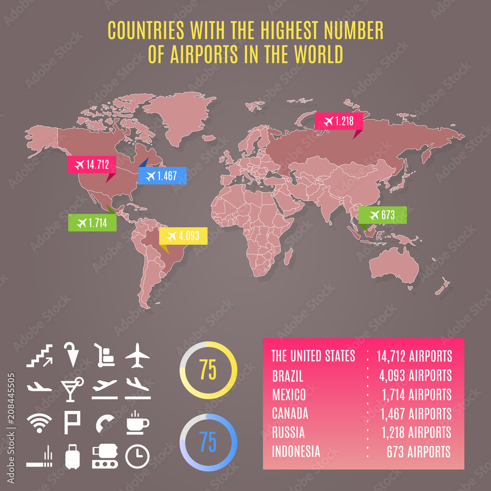 World map template with infographics. Countries with the highest number ...