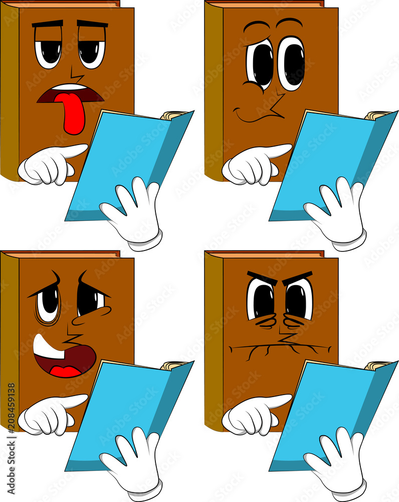 Books reading and pointing at an opened book. Cartoon book collection ...