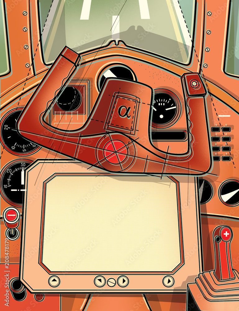 The steering cabin and the helm of the plane. View from the cockpit of ...