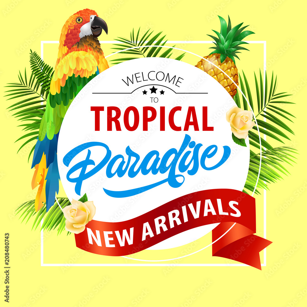 Tropical paradise, new arrival lettering with parrot. Summer offer ...