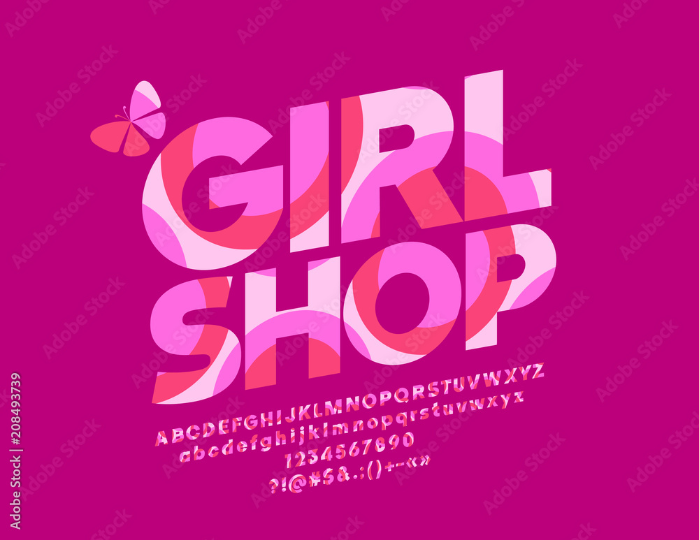 Vector pink Girl Shop logo. Graphic Style Font. Colorful pattern ...