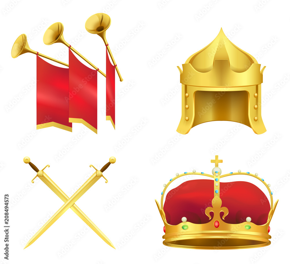 Golden Medieval Symbols Realistic Vector Icons Set Stock Vector | Adobe ...