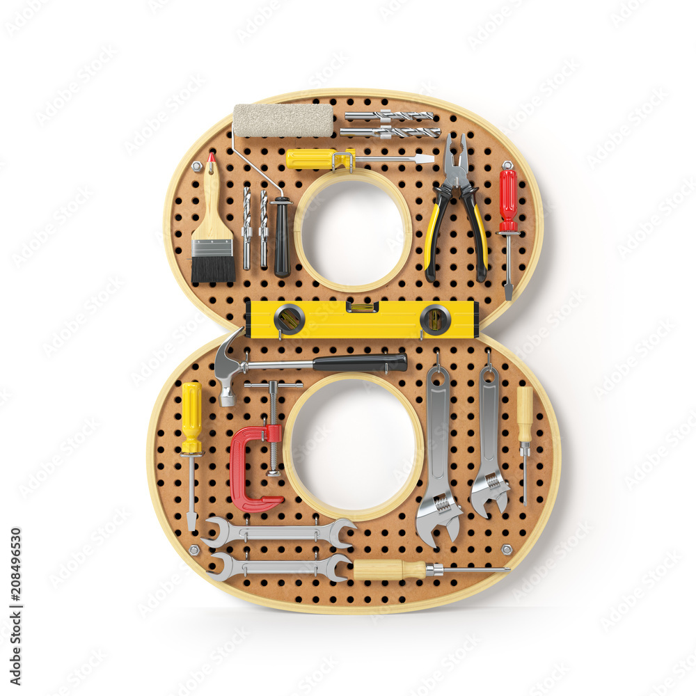 Number 8 eight. Alphabet from the tools on the metal pegboard isolated ...