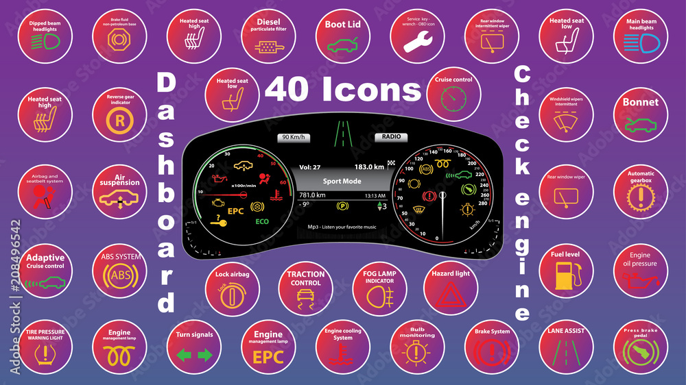 pack icons - Car dashboard, dtc codes, error message, check engine ...