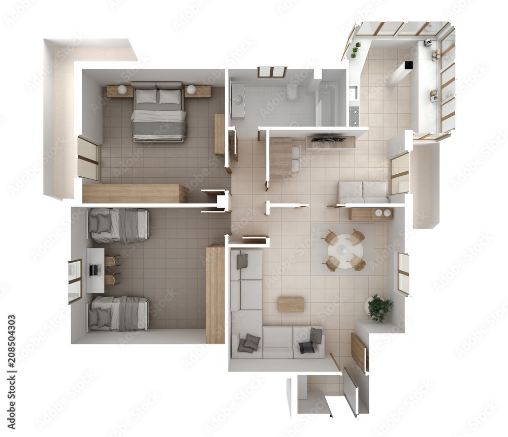 Apartment flat top view, furniture and decors, plan, cross section ...