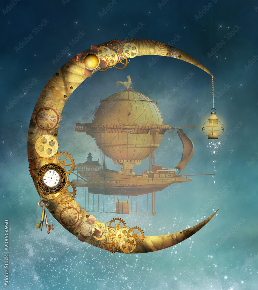 Steampunk moon and vessel Stock Illustration | Adobe Stock