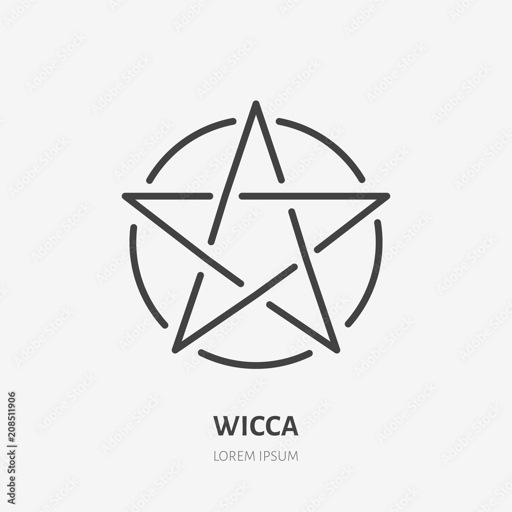 Wiccan pentacle flat line icon. Wicca magic sign. Thin linear logo for ...