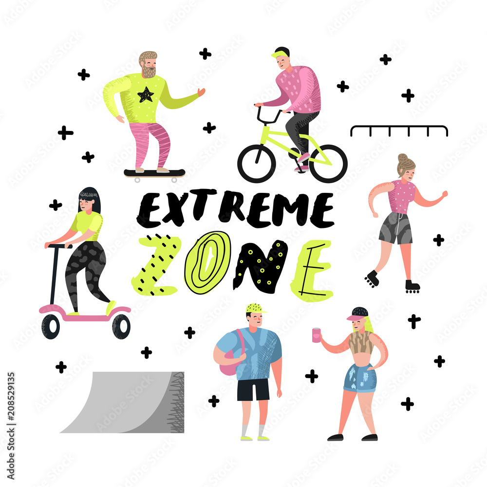 Extreme Sports Cartoons. Teenager Skateboarding, Man on Bicycle, Girl ...